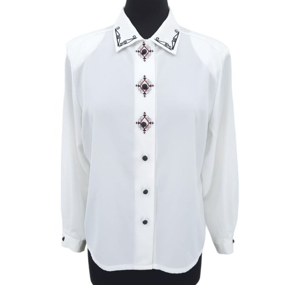 Koret | Tops | Vtg 9s Koret Petites White Silky Embroidered Button ...